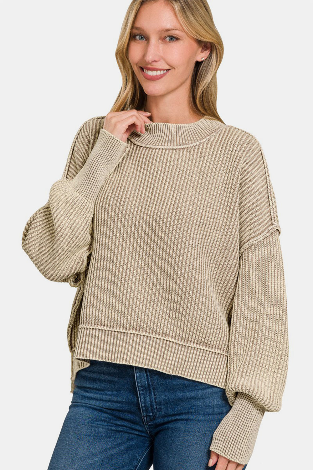Zenana Exposed Seam Round Neck Dropped Shoulder Sweater – Sparkled ...