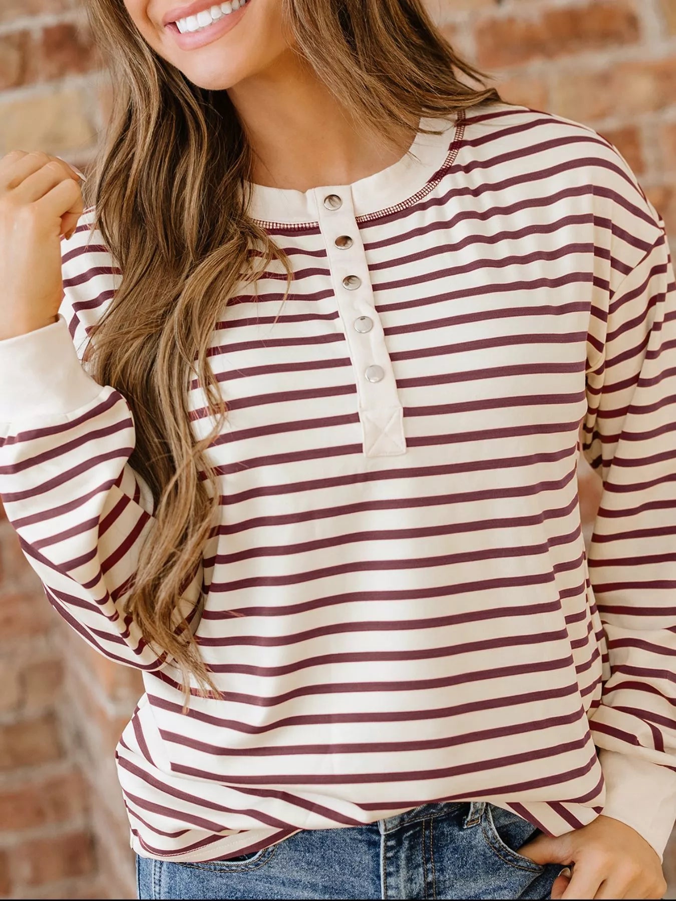Striped Drop Shoulder Long Sleeve Henley Top – Sparkled Leopard Boutique