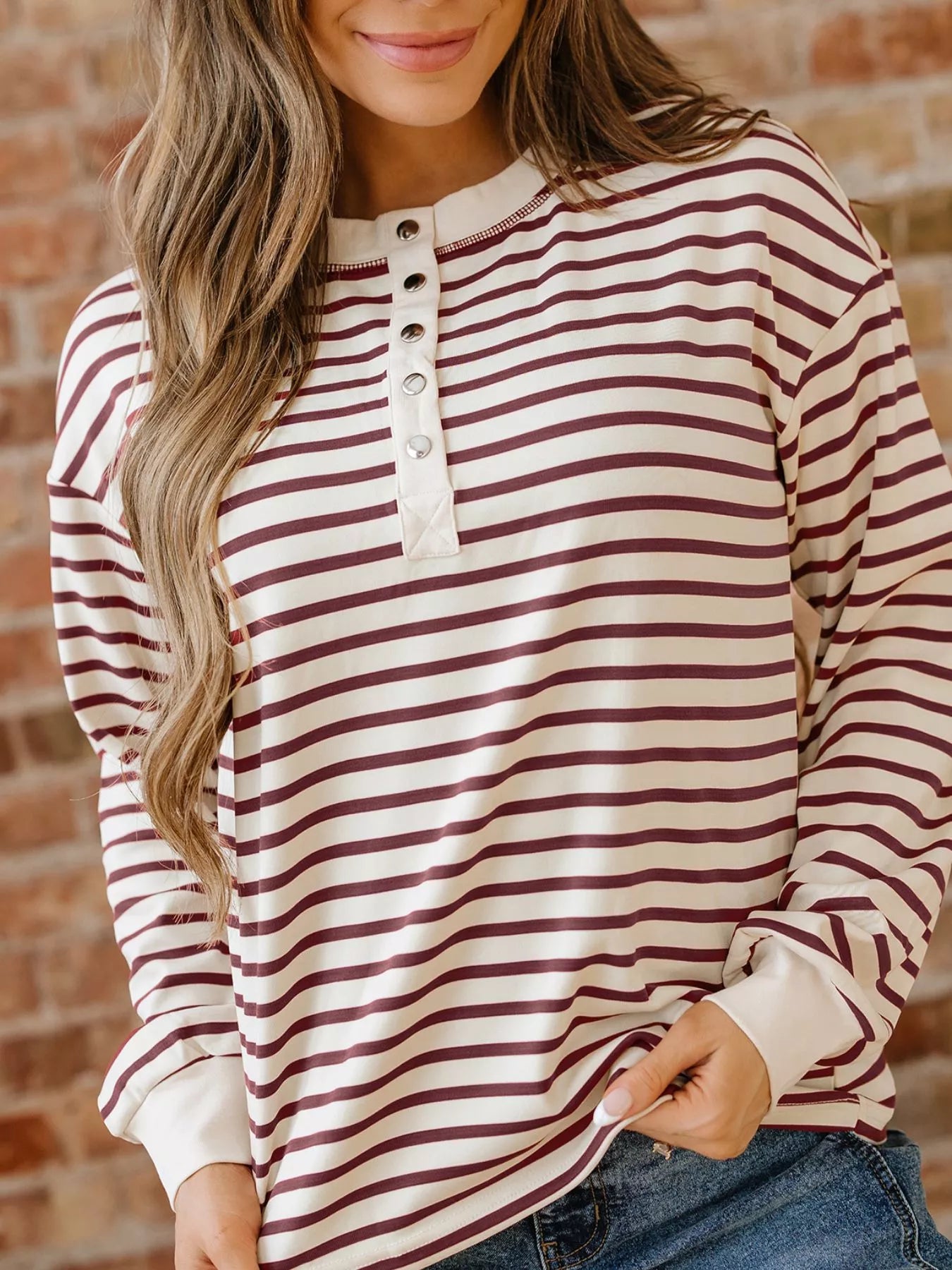 Striped Drop Shoulder Long Sleeve Henley Top – Sparkled Leopard Boutique