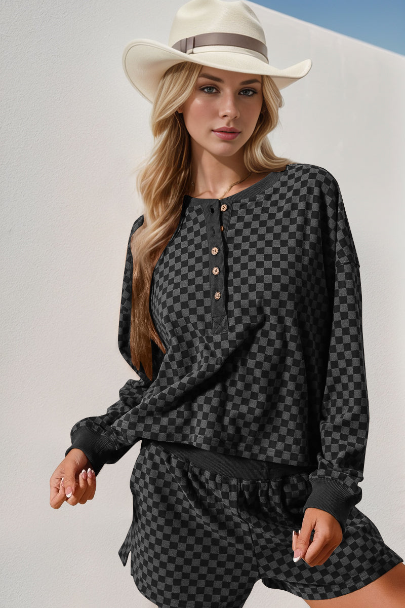 Double Take Checkered Half Button Top and Shorts Set – Sparkled Leopard ...