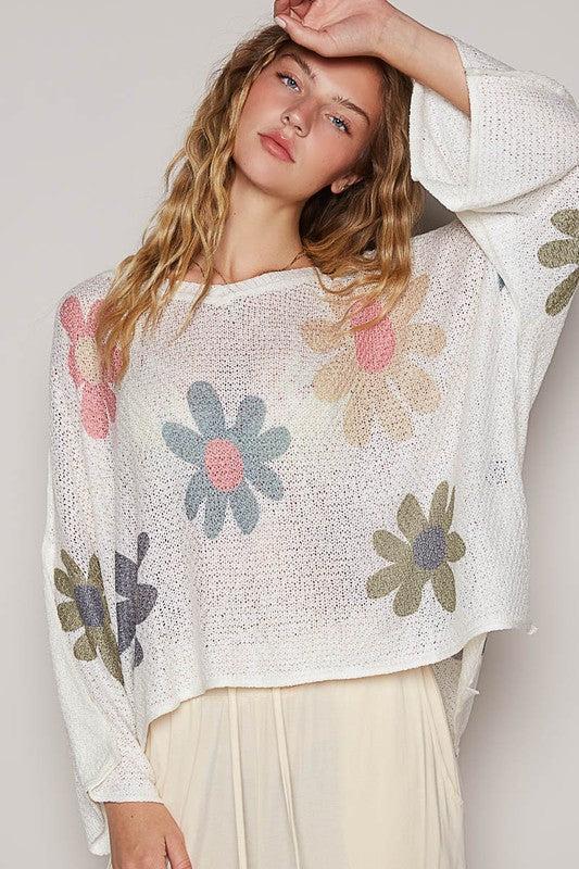 POL Flower Dropped Shoulder Long Sleeve Knit Top – Sparkled Leopard ...