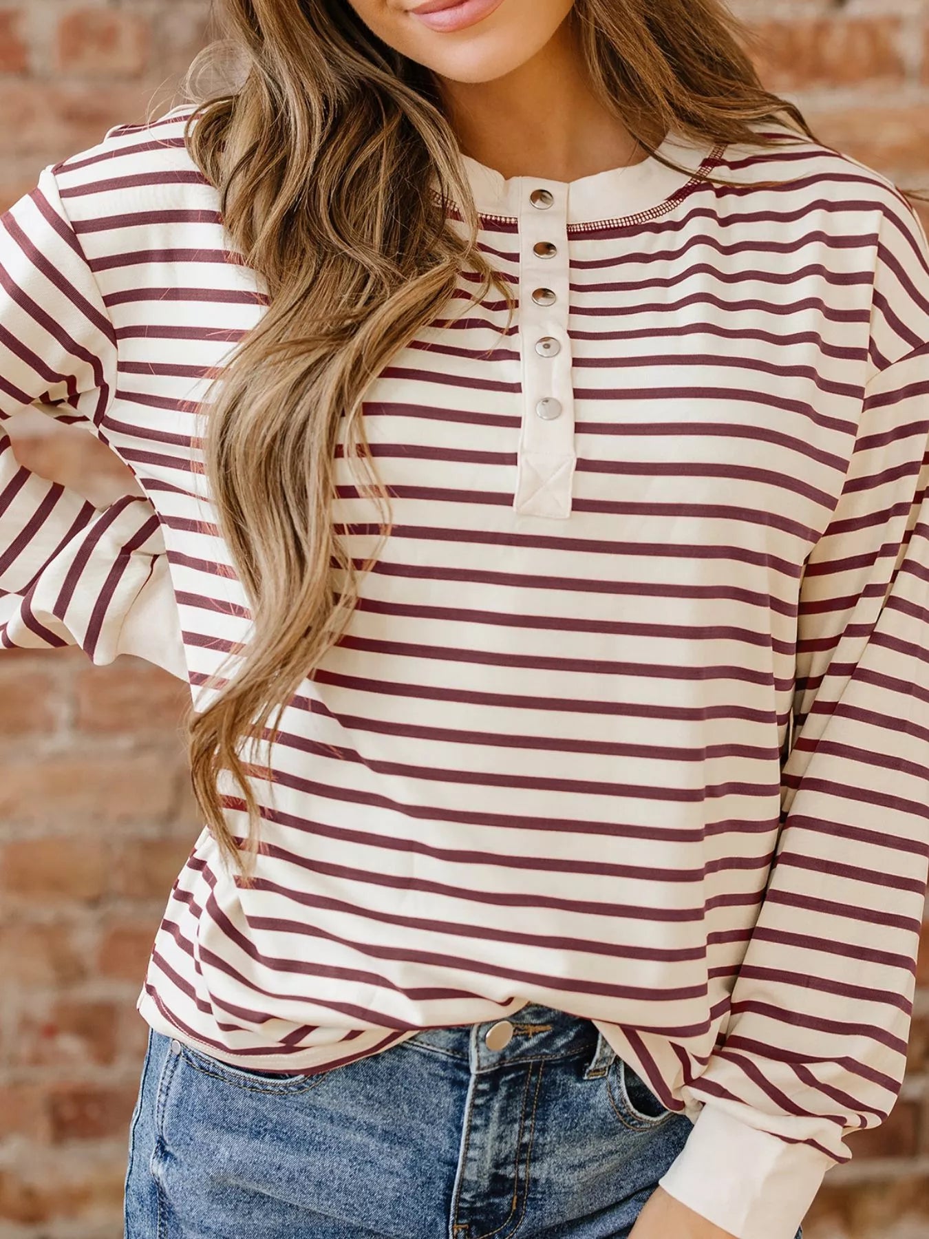 Striped Drop Shoulder Long Sleeve Henley Top – Sparkled Leopard Boutique