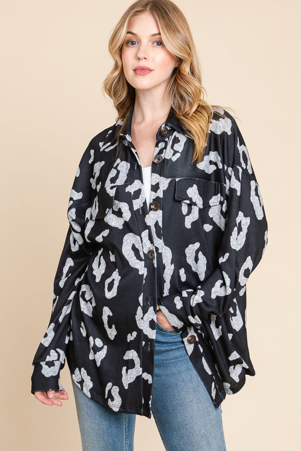 BOMBOM Animal Print Button Up Knit Shacket – Sparkled Leopard Boutique