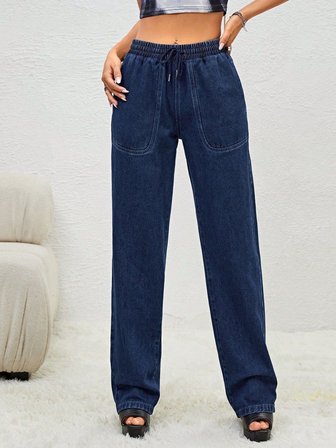 Drawstring Elastic Waist Jeans with Pockets – Sparkled Leopard Boutique