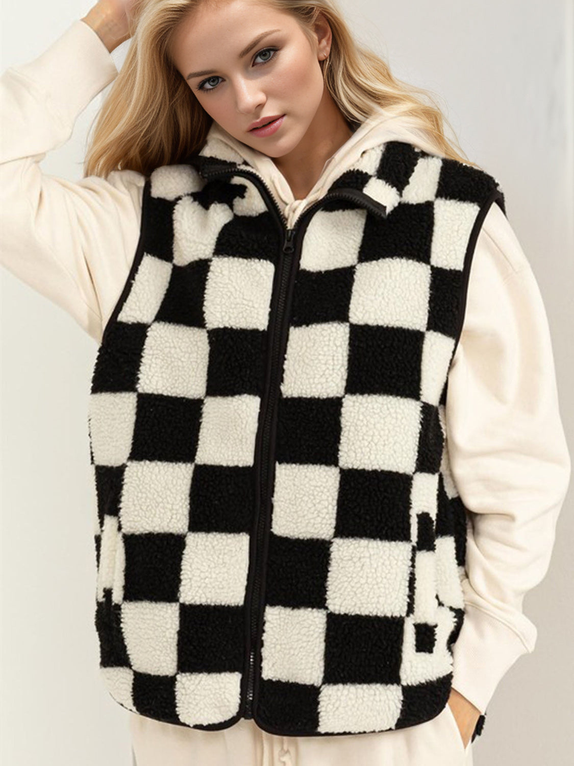 Double Take Full Size Zip Up Checkered Vest Cost – Sparkled Leopard ...
