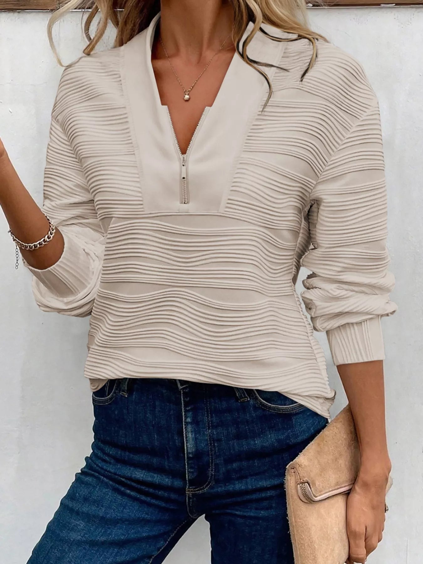 Solid Color Textured Zip V Neck Pullover Sweatshirt – Sparkled Leopard ...